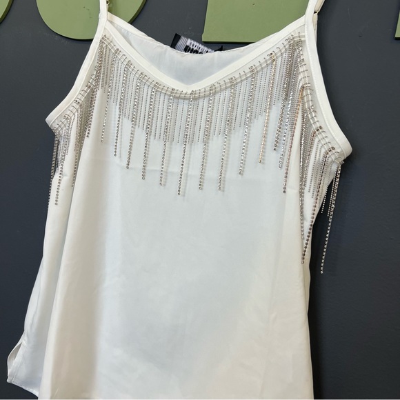 Tops | Nwt Blue B Rhinestone Fringe White Tank Top Large | Poshmark